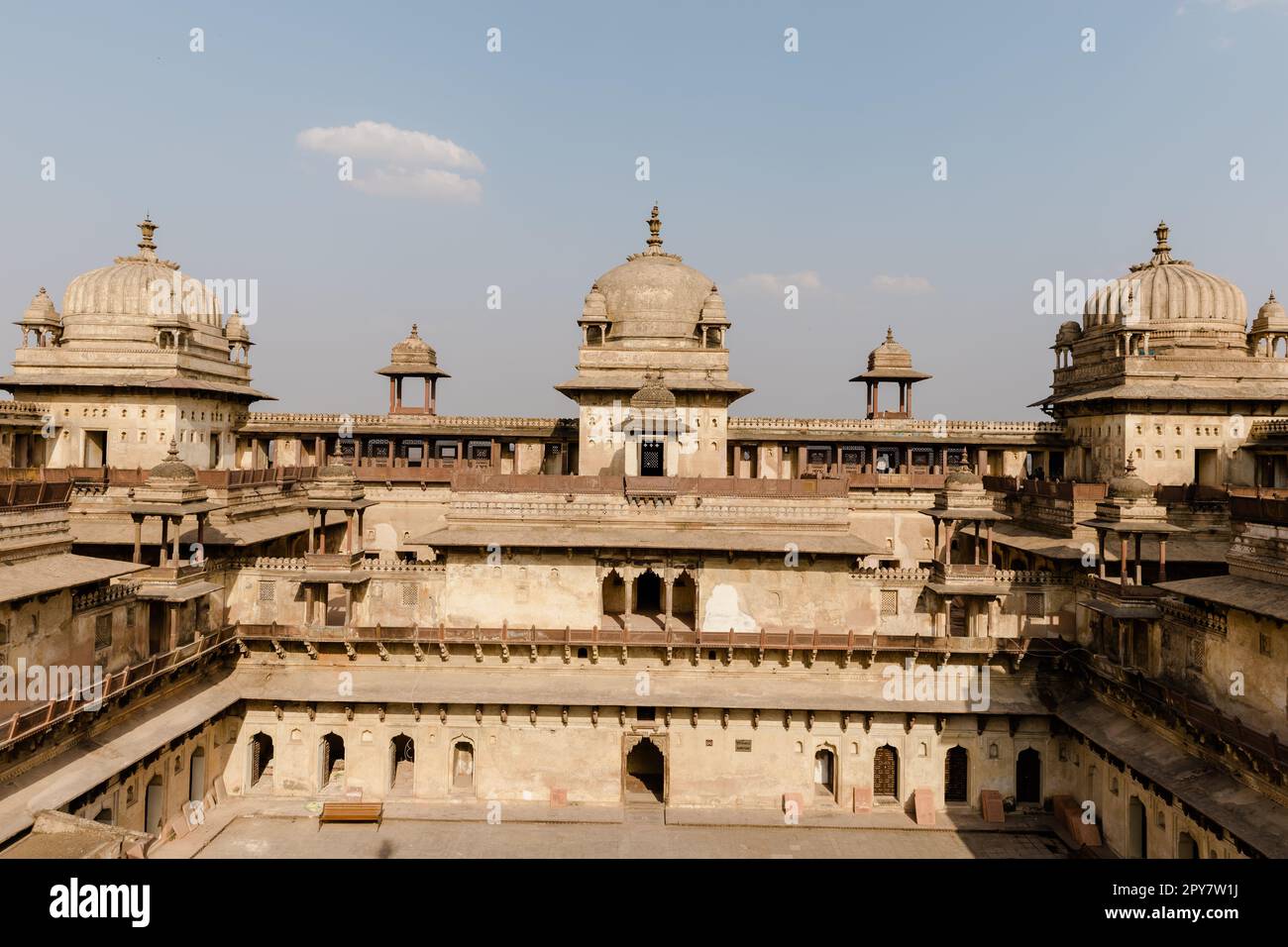 An aerial view of the historic Orchha Fort in India, with its intricate ...