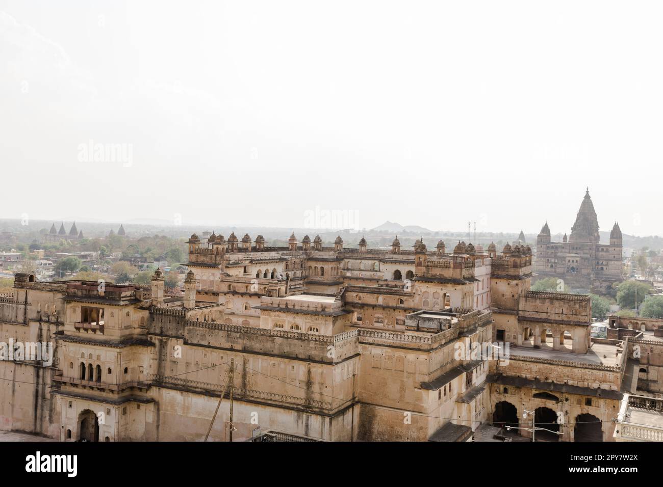 An aerial view of the historic Orchha Fort in India, with its intricate ...