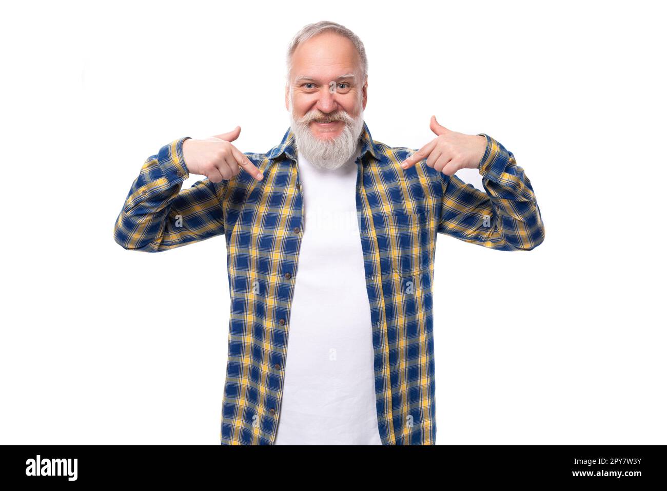 smiling 50s mid aged grey-haired man with beard pointing finger at ...