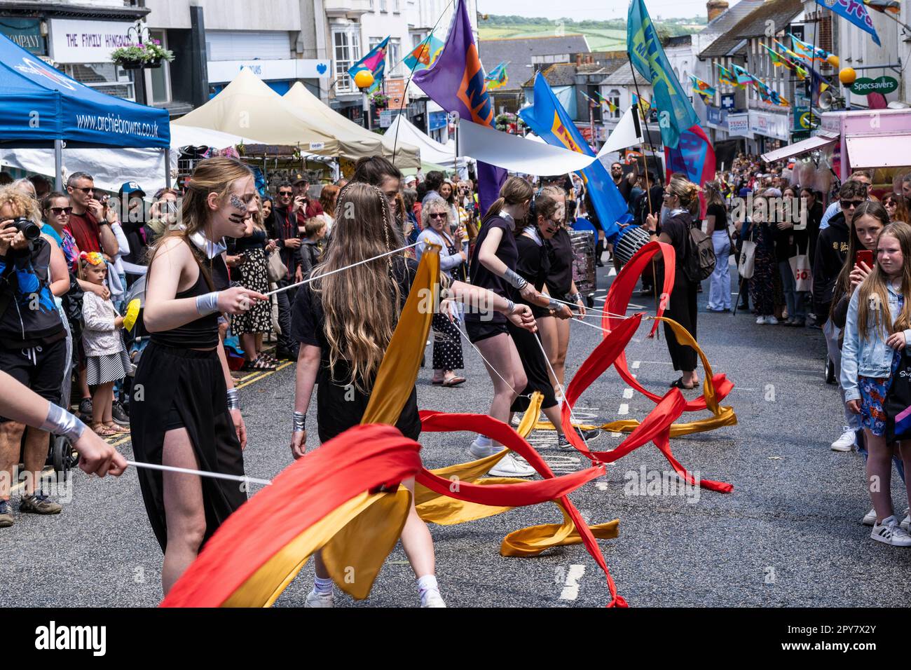 Ribbon dancers in the Mazey Day parade in the Golowan Festival in ...
