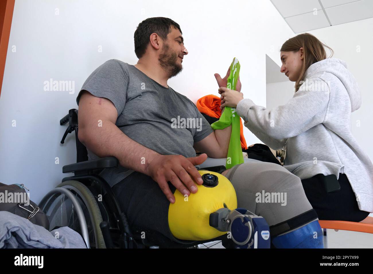 VYNNYKY, UKRAINE - MAY 1, 2023 - A patient goes through rehabilitation ...