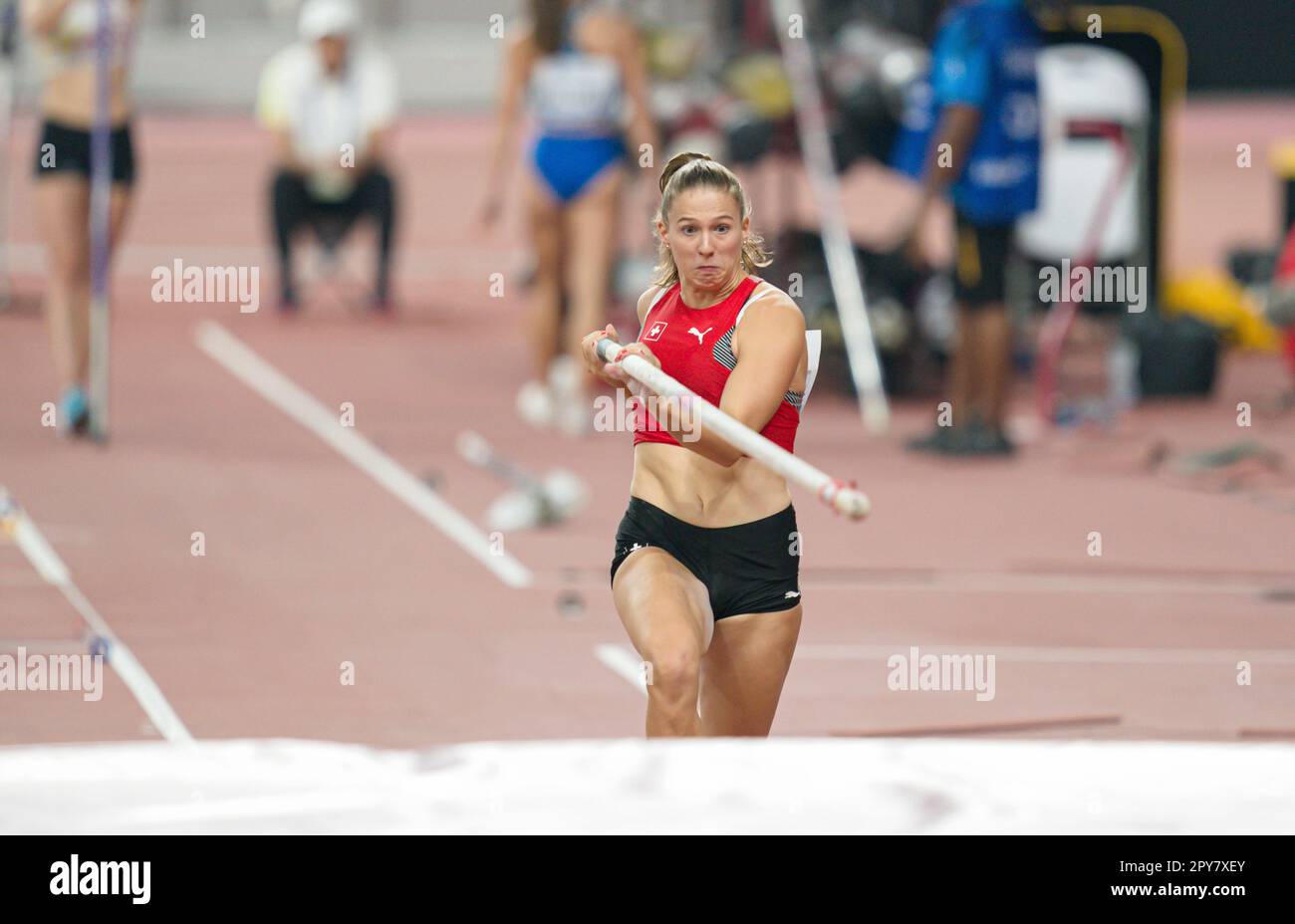 Angelica Moser participating in the pole vault at the Doha 2019 World ...