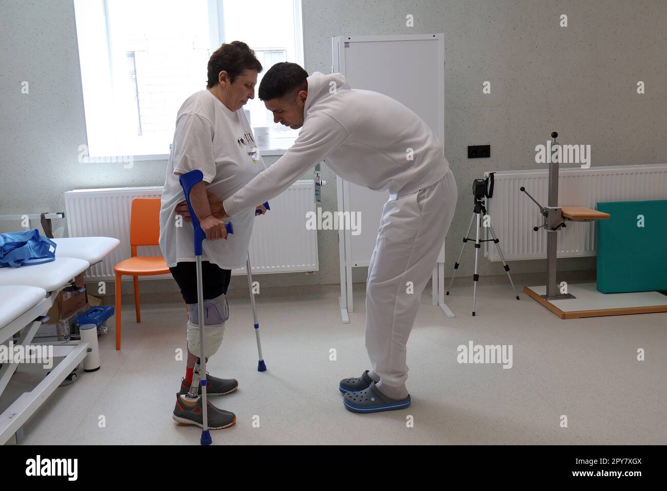 VYNNYKY, UKRAINE - MAY 1, 2023 - Physiotherapist Vitalii Marchenko ...