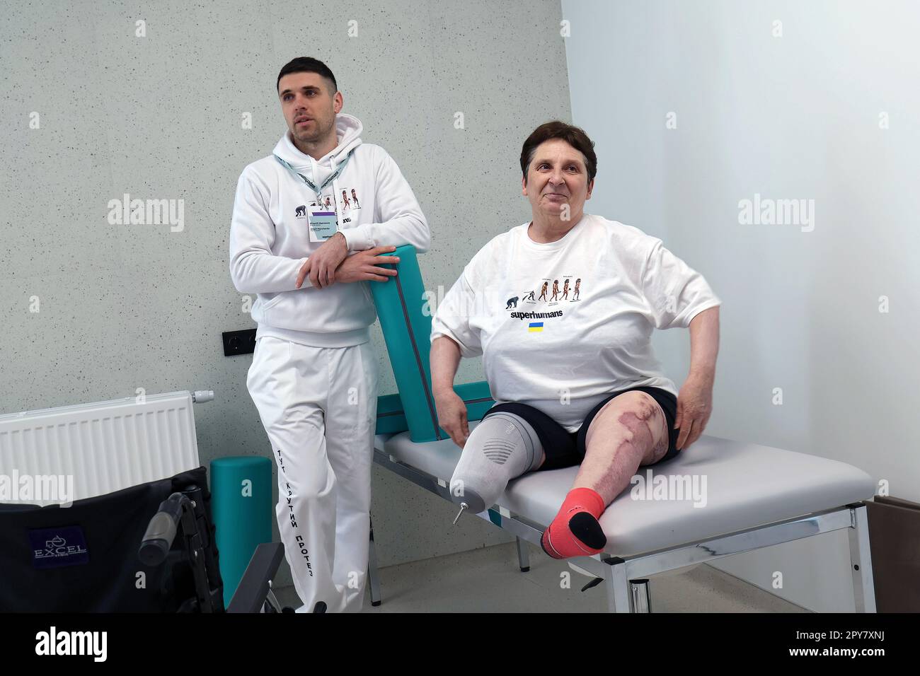 VYNNYKY, UKRAINE - MAY 1, 2023 - Physiotherapist Vitalii Marchenko ...
