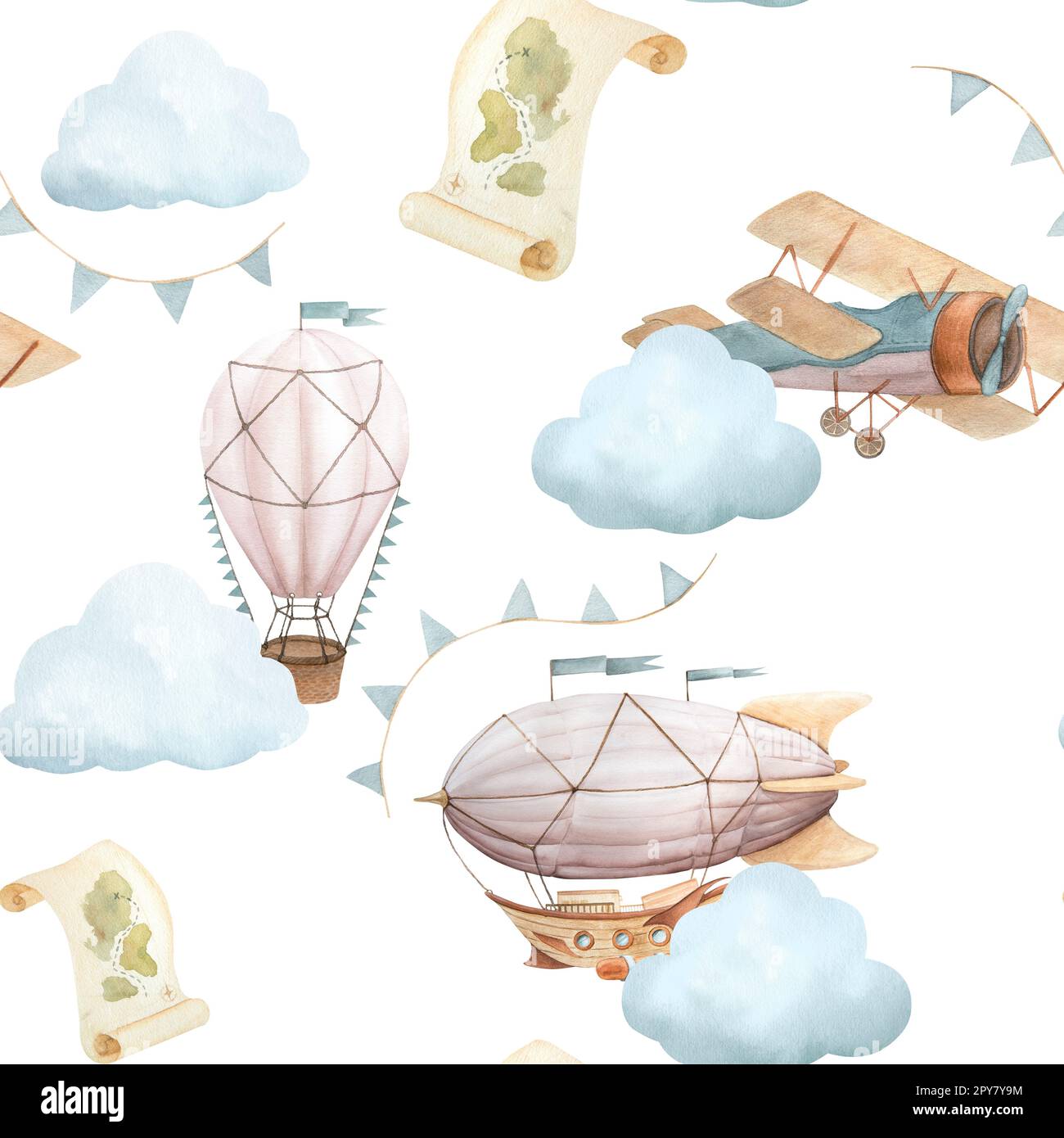 Watercolor seamless pattern with vintage cute fairy tale cartoon clouds ...