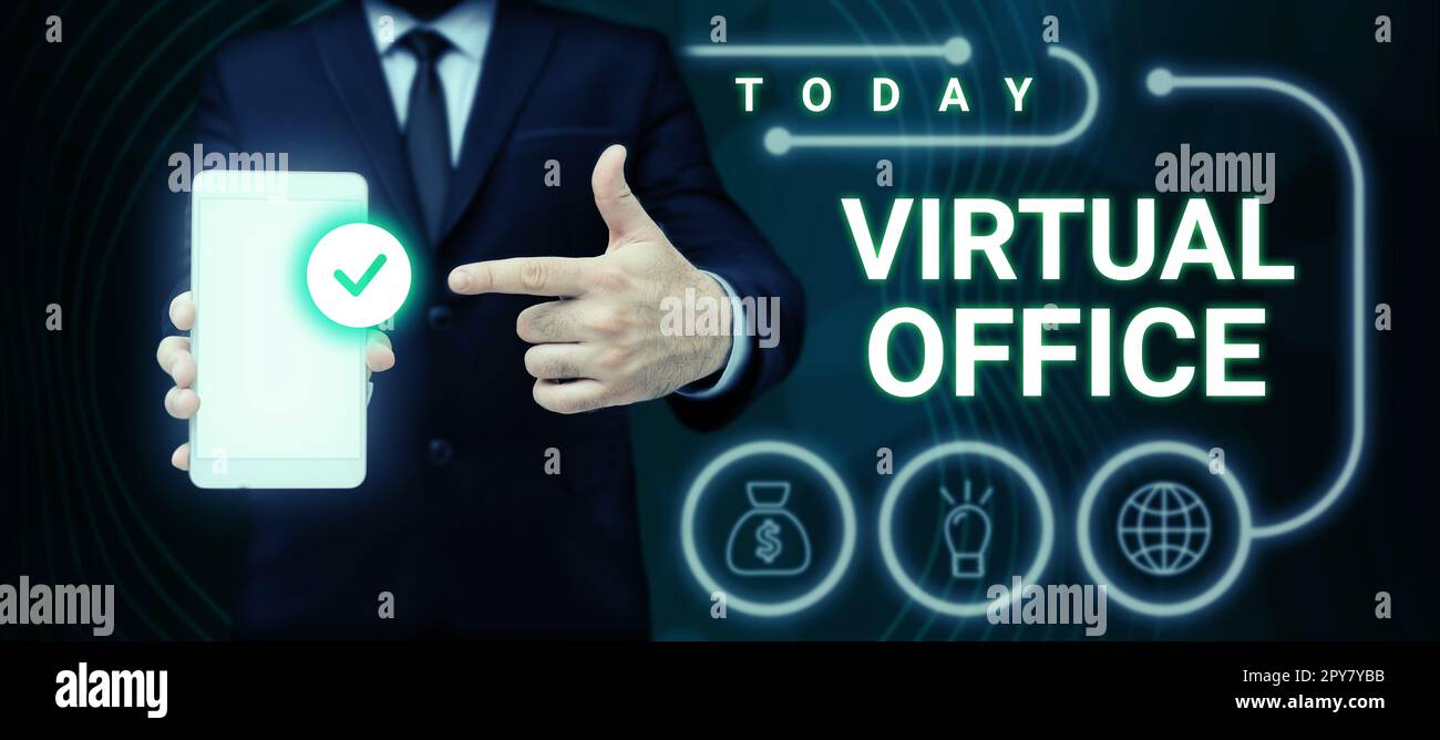 Text showing inspiration Virtual Office. Internet Concept Mobile work ...