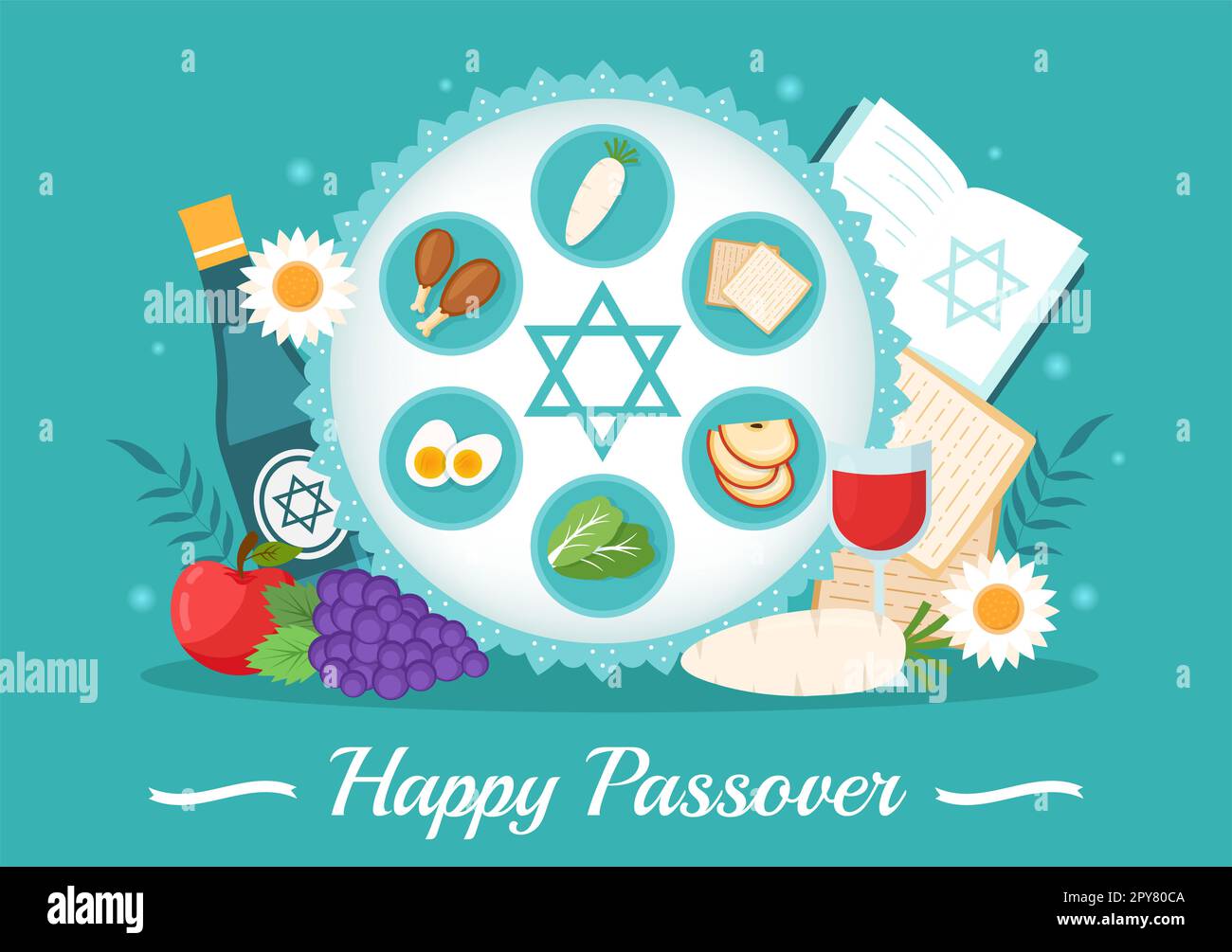 Happy Passover Illustration with Wine, Matzah and Pesach Jewish Holiday ...