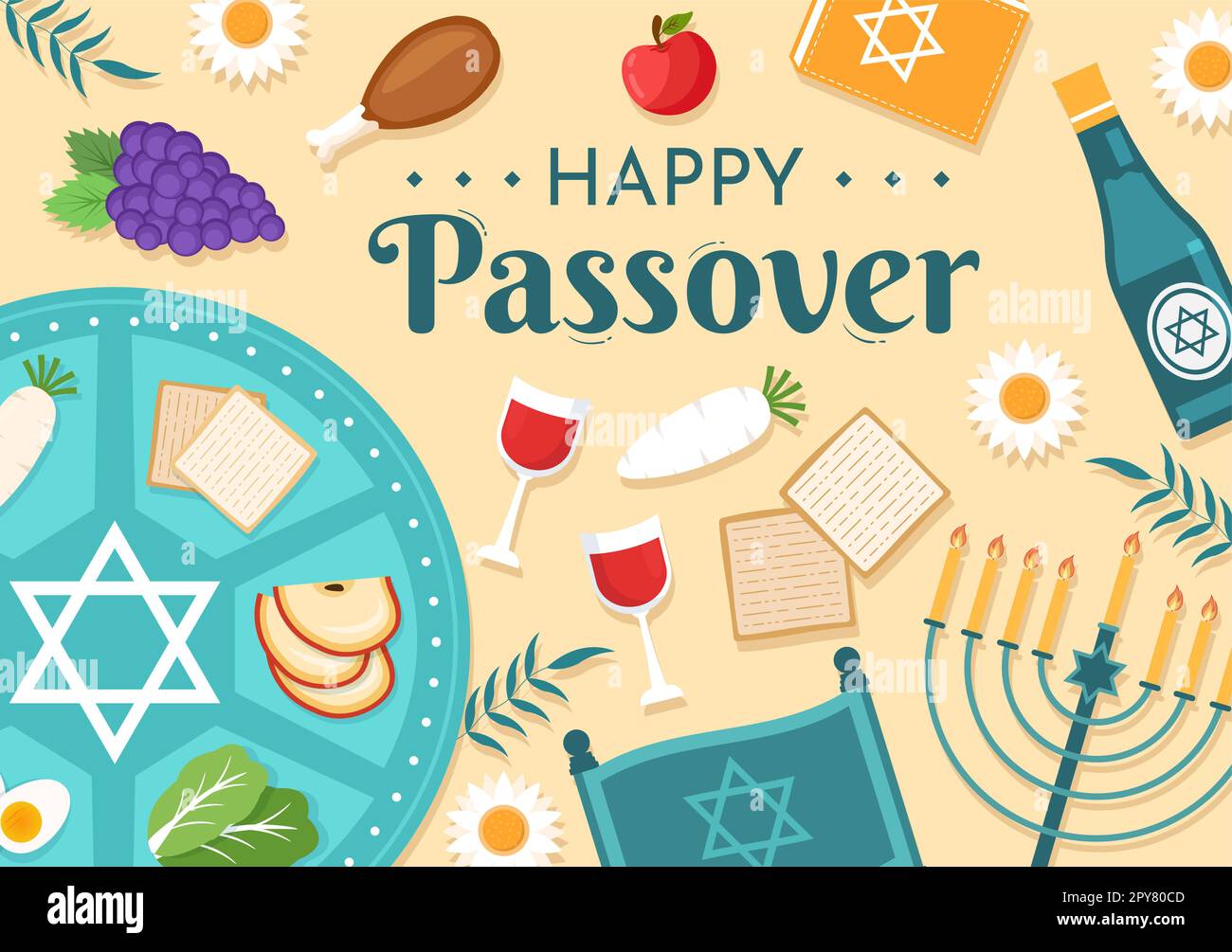 Happy Passover Illustration with Wine, Matzah and Pesach Jewish Holiday ...