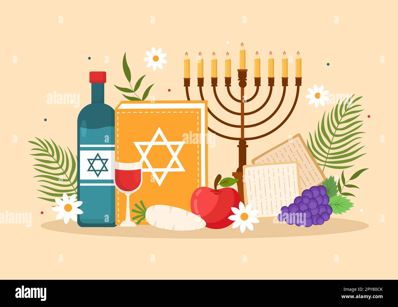 Happy Passover Illustration with Wine, Matzah and Pesach Jewish Holiday ...