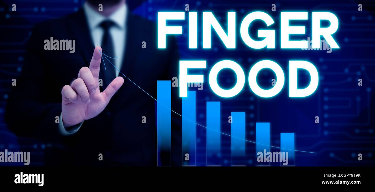 Hand writing sign Finger Food. Business showcase products and ...