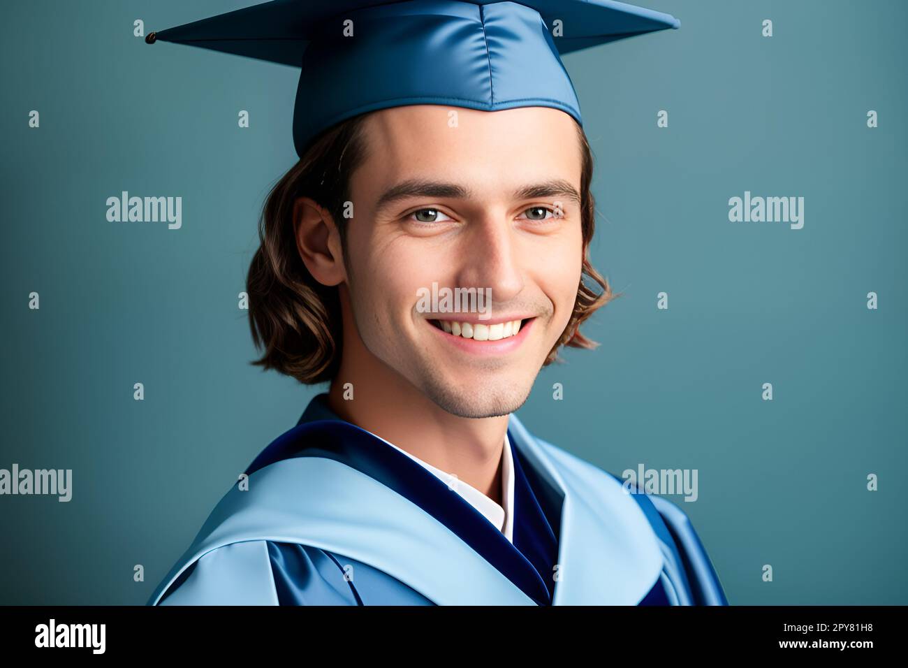 Portrait of young Caucasian smiling male student in hat and gown posing ...