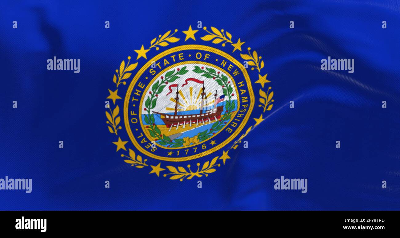 Detail of New Hampshire state flag waving. New Hampshire state seal on ...