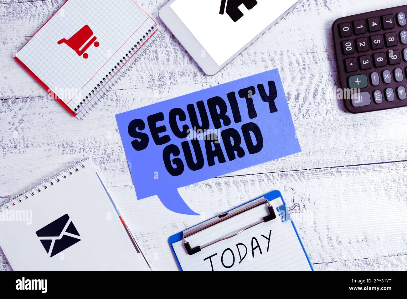 Text caption presenting Security Guard. Word Written on tools used to ...