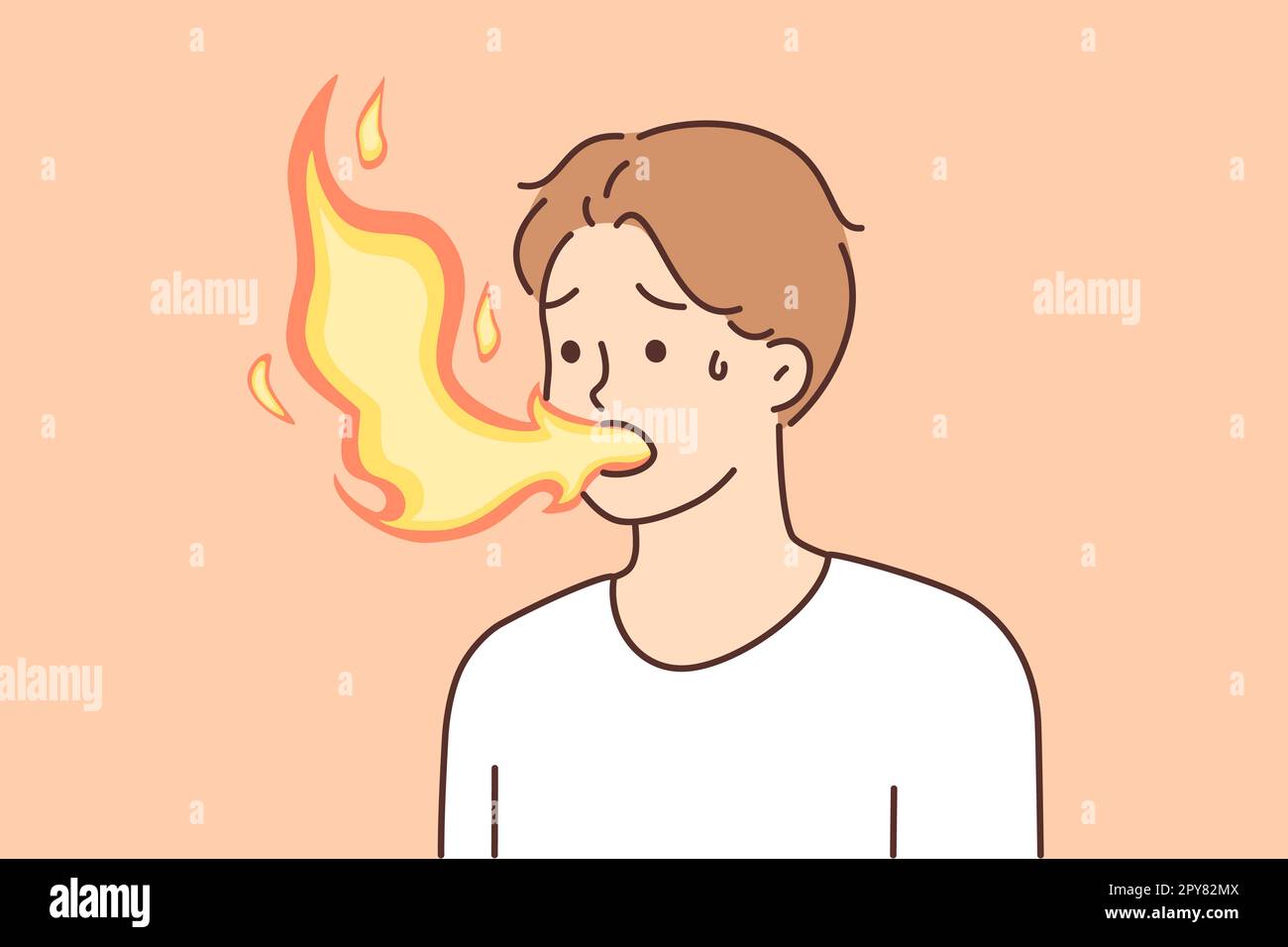 Sick man with flame coming out mouth suffers from heartburn due to ...