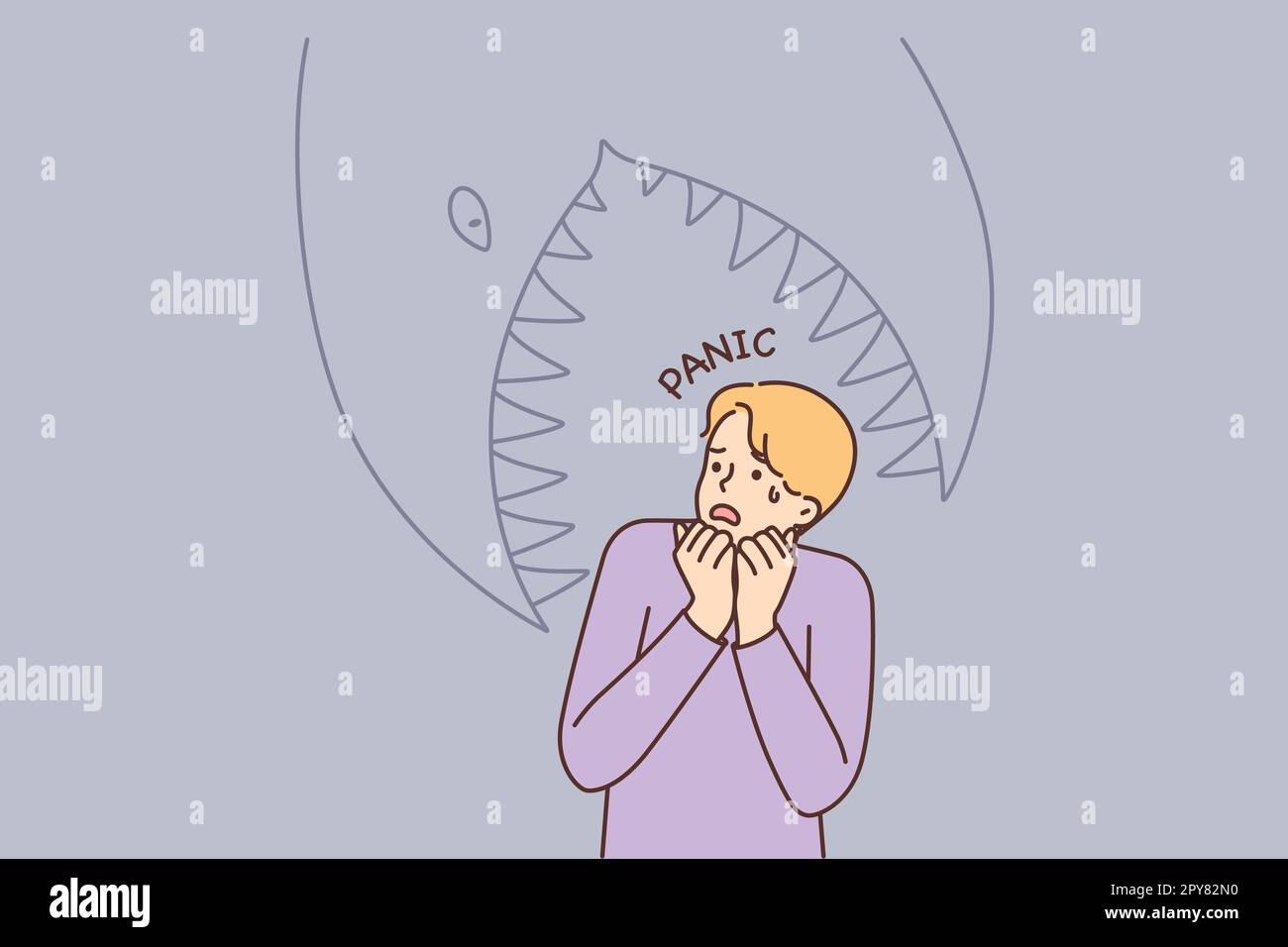 Frightened man having panic attack imagining giant fish trying to eat ...