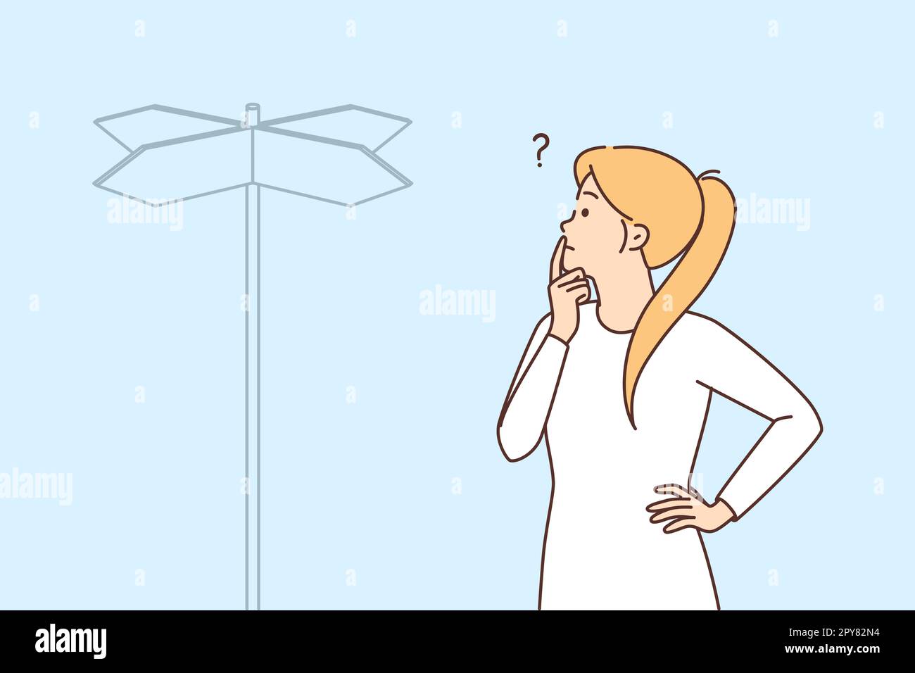 Woman is standing near road sign pointing in different sides and trying ...