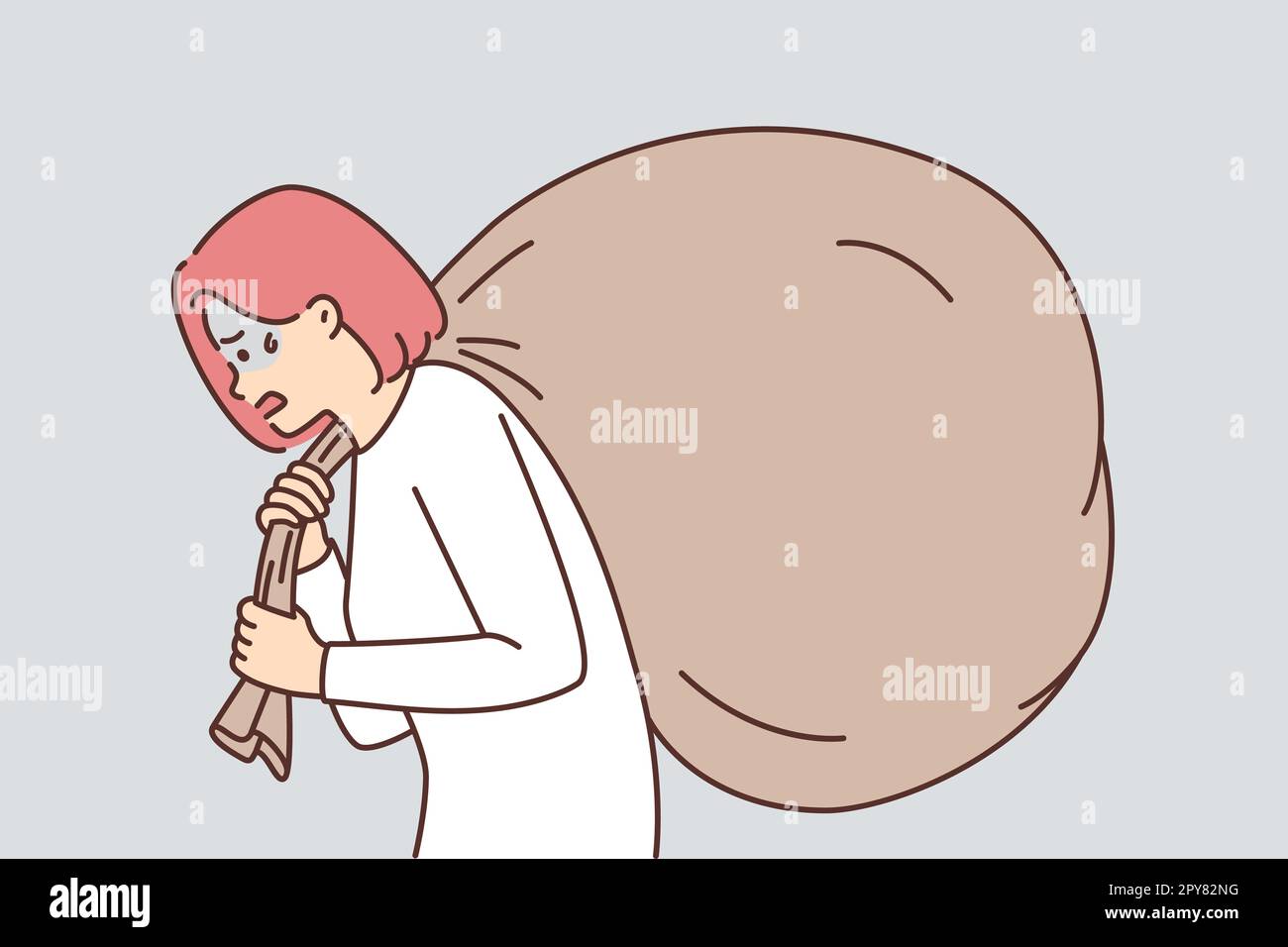 Tired girl with big bag behind back suffers from very heavy load due to ...