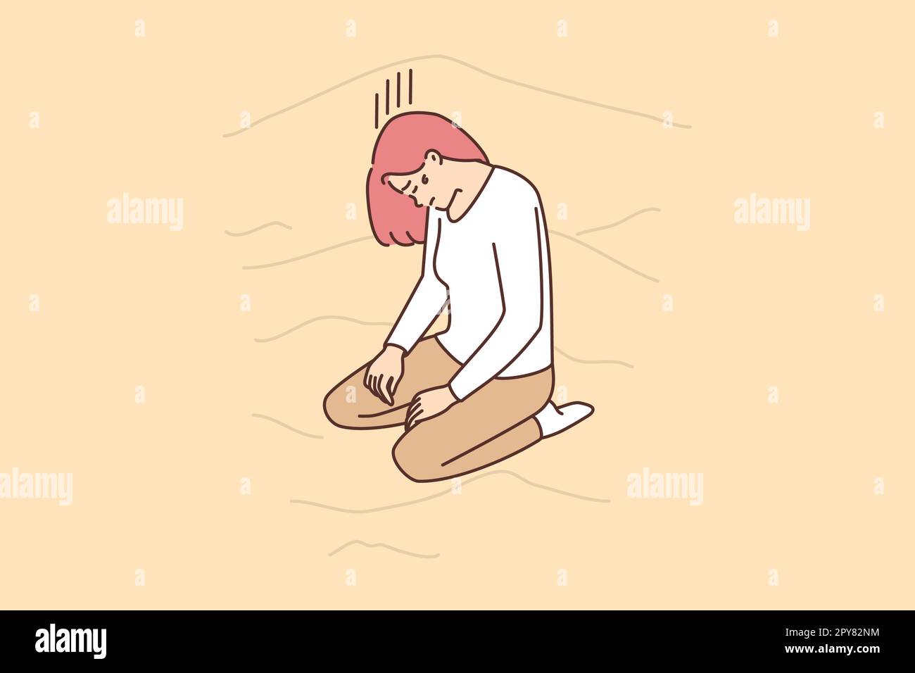 Lost woman kneels with head bowed on sand dunes in wilderness ...