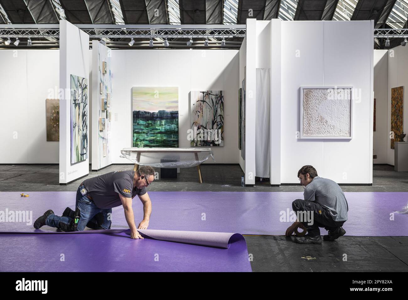 AMSTERDAM - Construction of the KunstRAI, a fair for contemporary art, where visitors can look ...