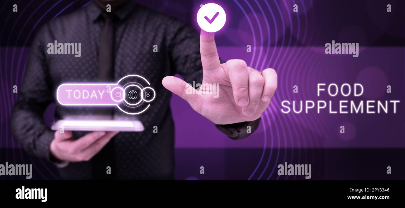 Text sign showing Food Supplement. Word for Conditions and practices ...