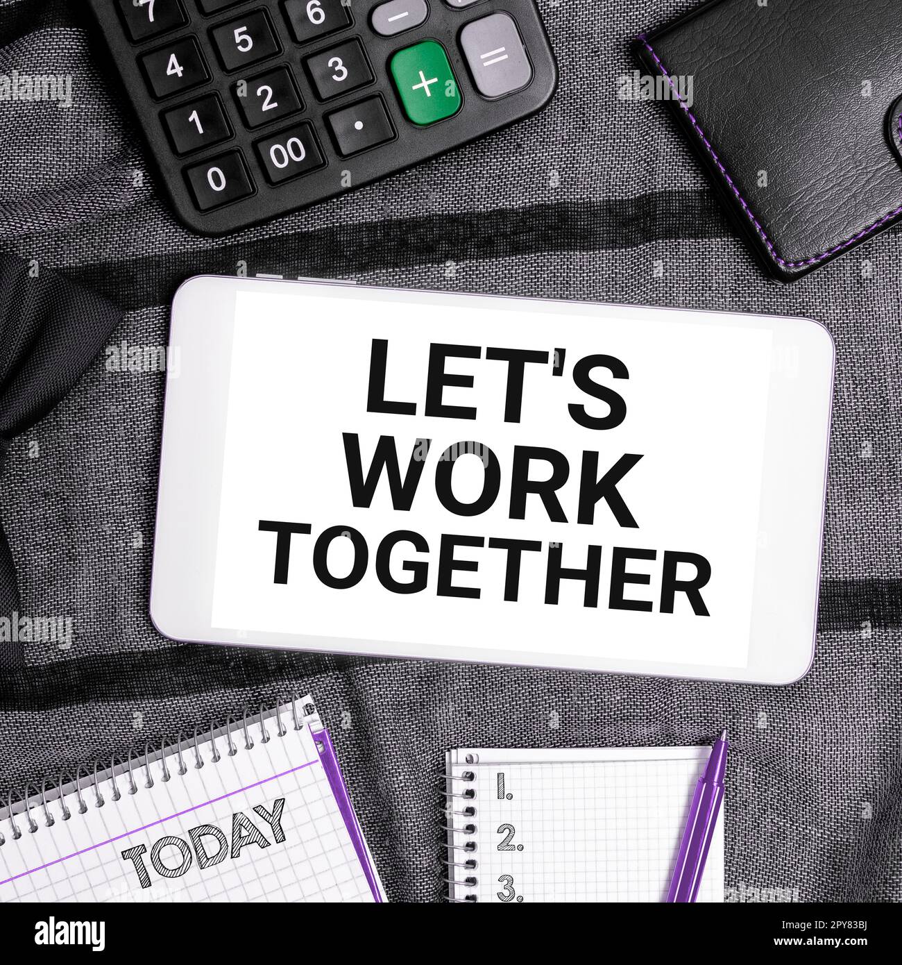 Hand writing sign Let's Work Together. Business approach Unite and Join ...