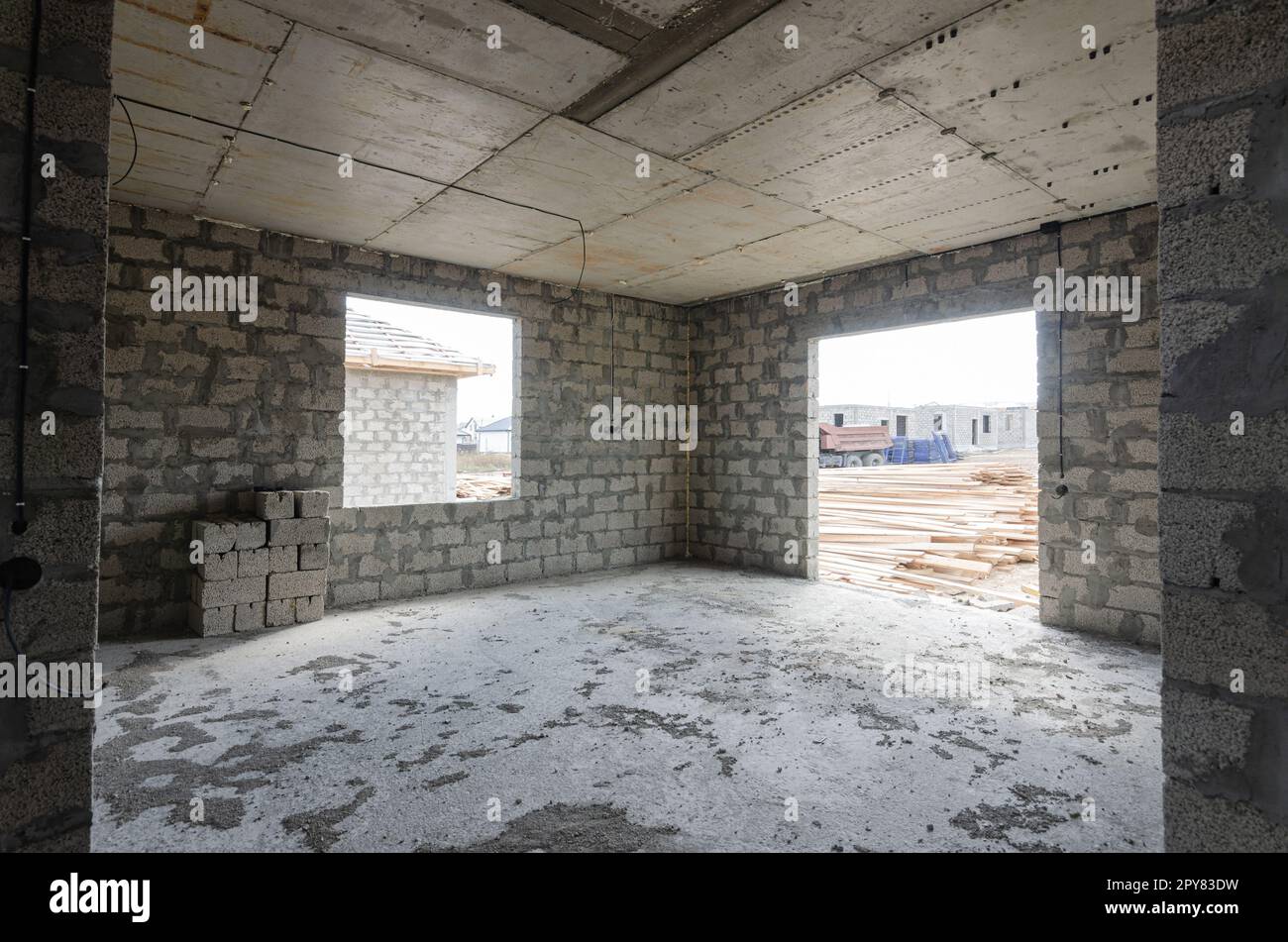 Construction of an individual residential building, view of a large ...