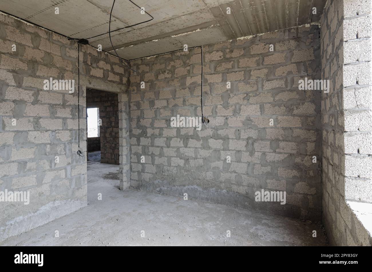 Construction of an individual residential building, view of the walls ...