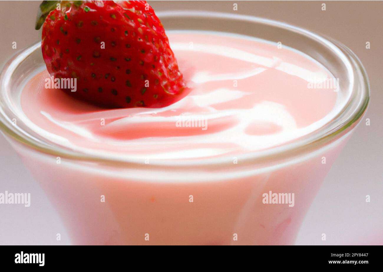 Thick white pink yogurt in a glass bowl or bowl. Ripe strawberries with ...
