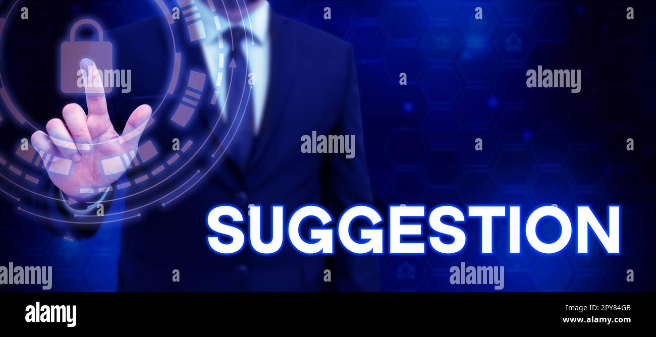 Text caption presenting Suggestion. Word for the process of one thought ...