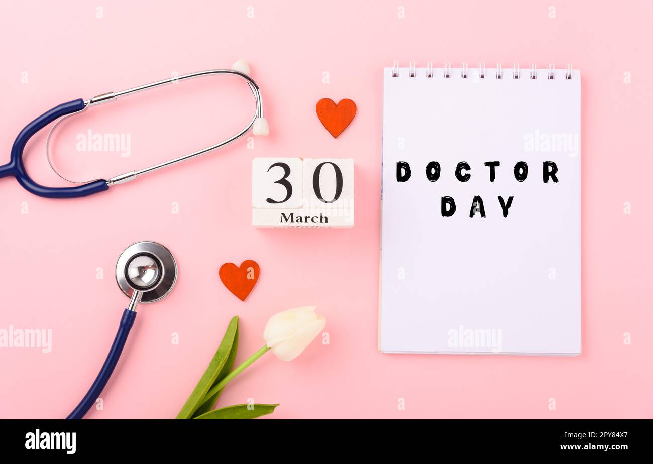 Doctor's Day concept, flat lay top view, equipment medical red heart ...