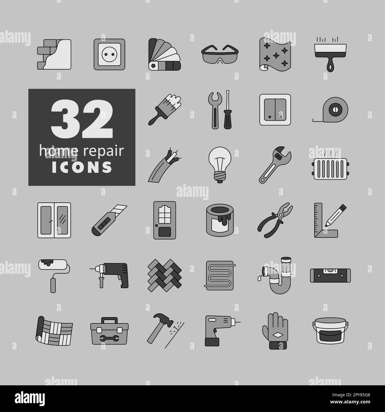 Set of building construction and home repair isolated grayscale icons ...