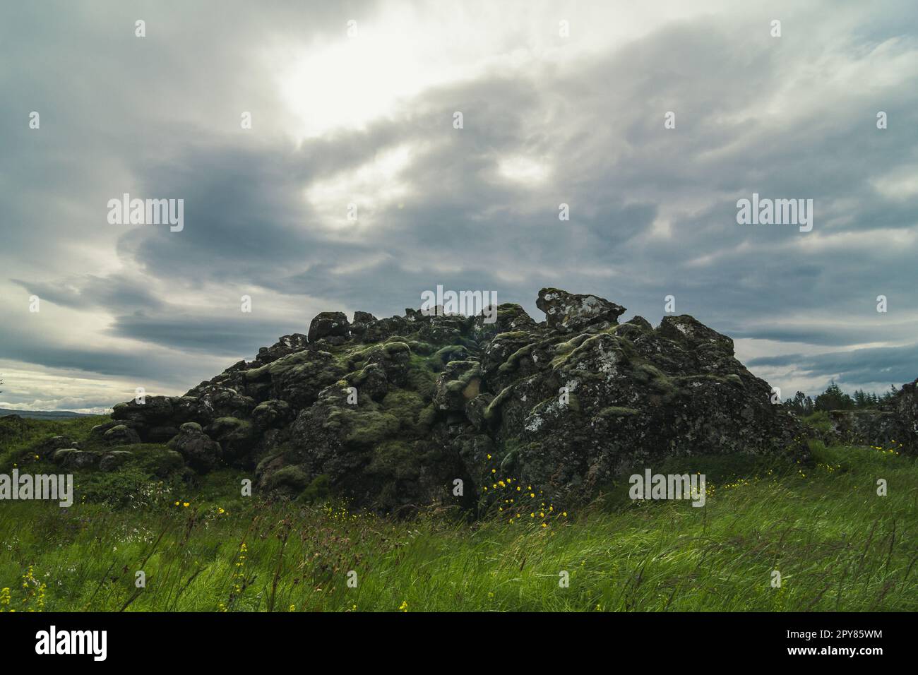 Old rock in green field landscape photo Stock Photo - Alamy