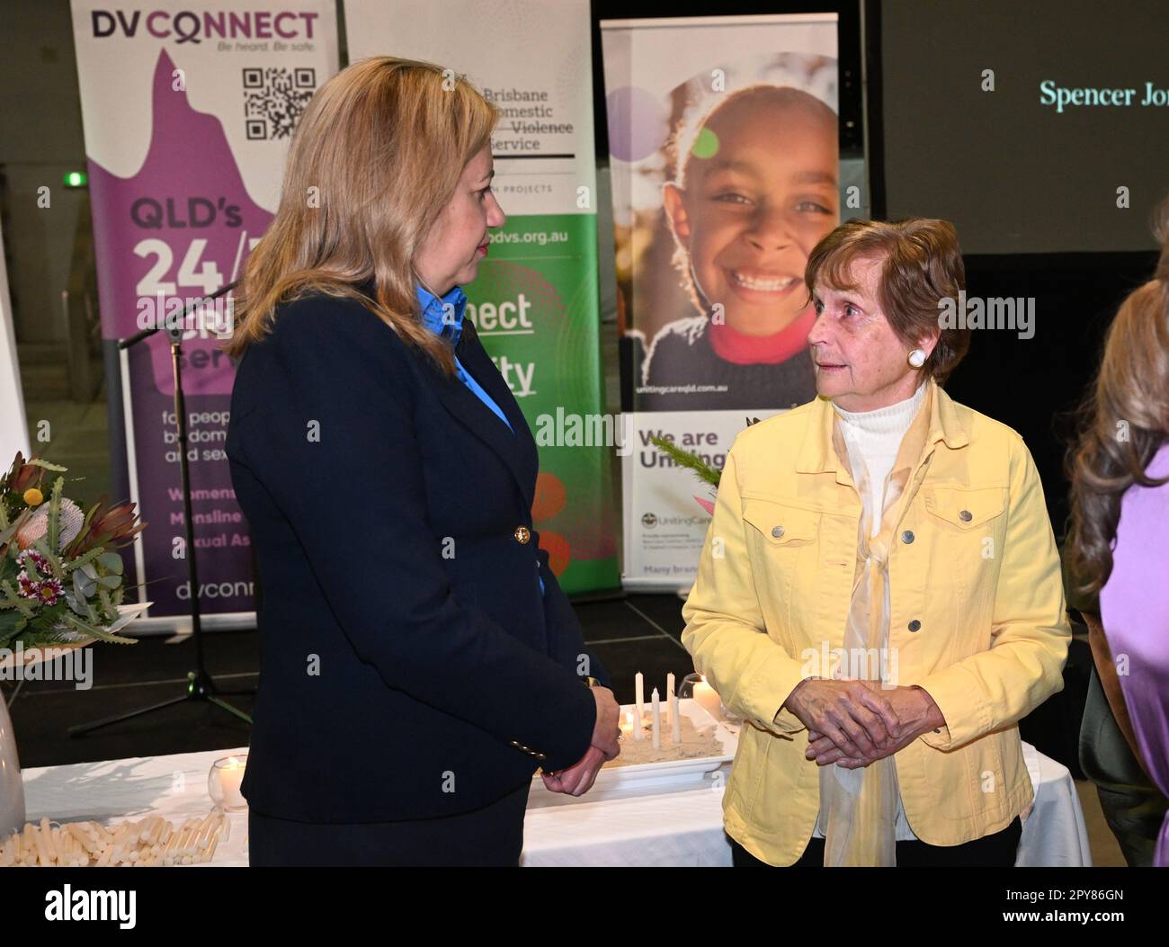 Queensland Premier Annastacia Palaszczuk (left) is seen talking with ...