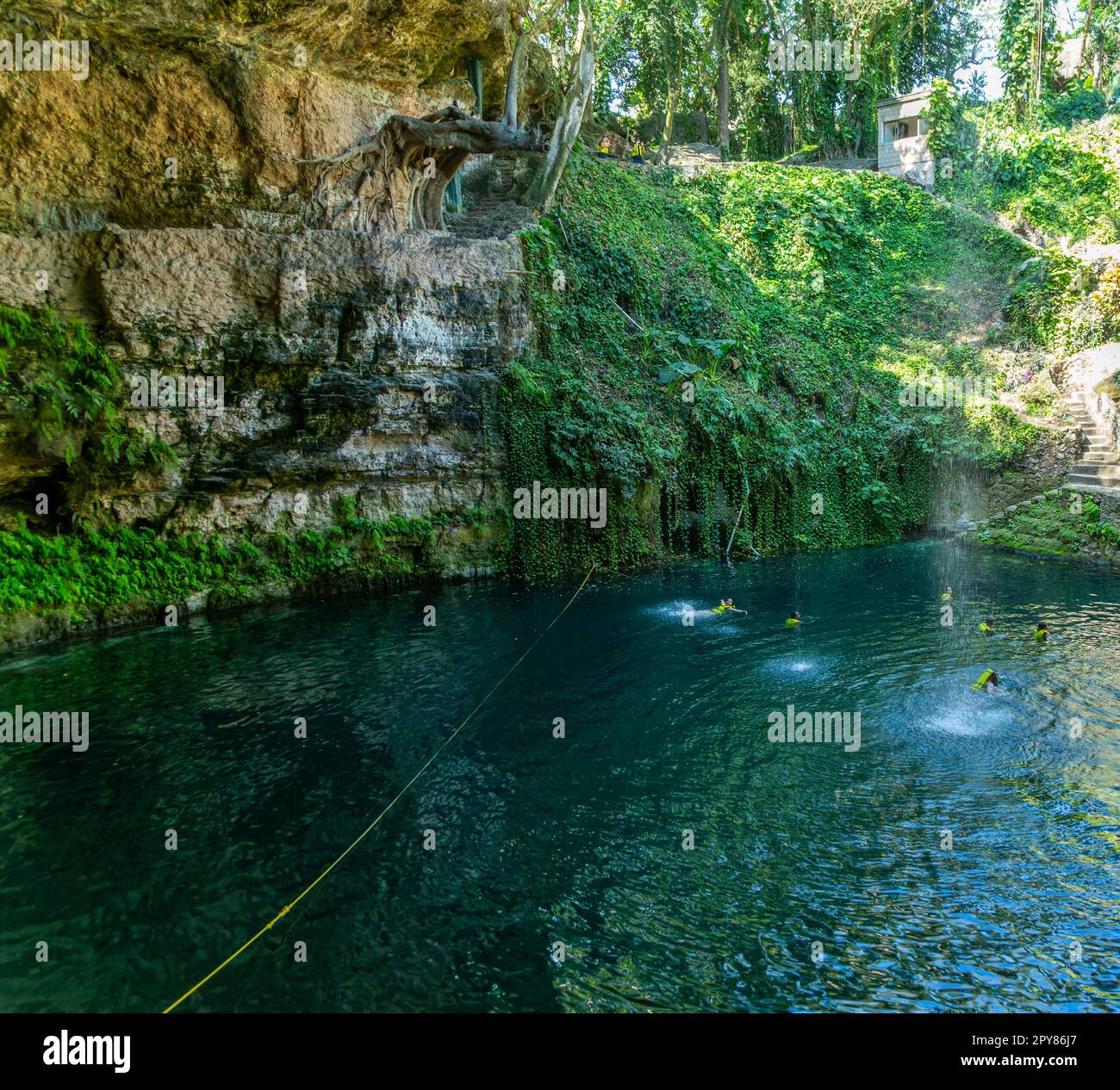 People swimming in Cenote Zaci carboniferous limestone swallow hole ...