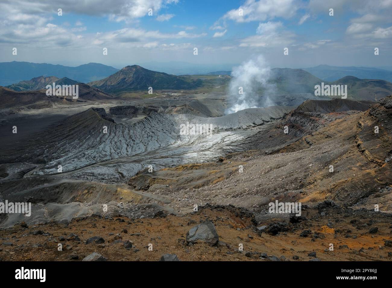 Aso, Japan - April 28, 2023: Mount Nakadake is one of the five peaks ...