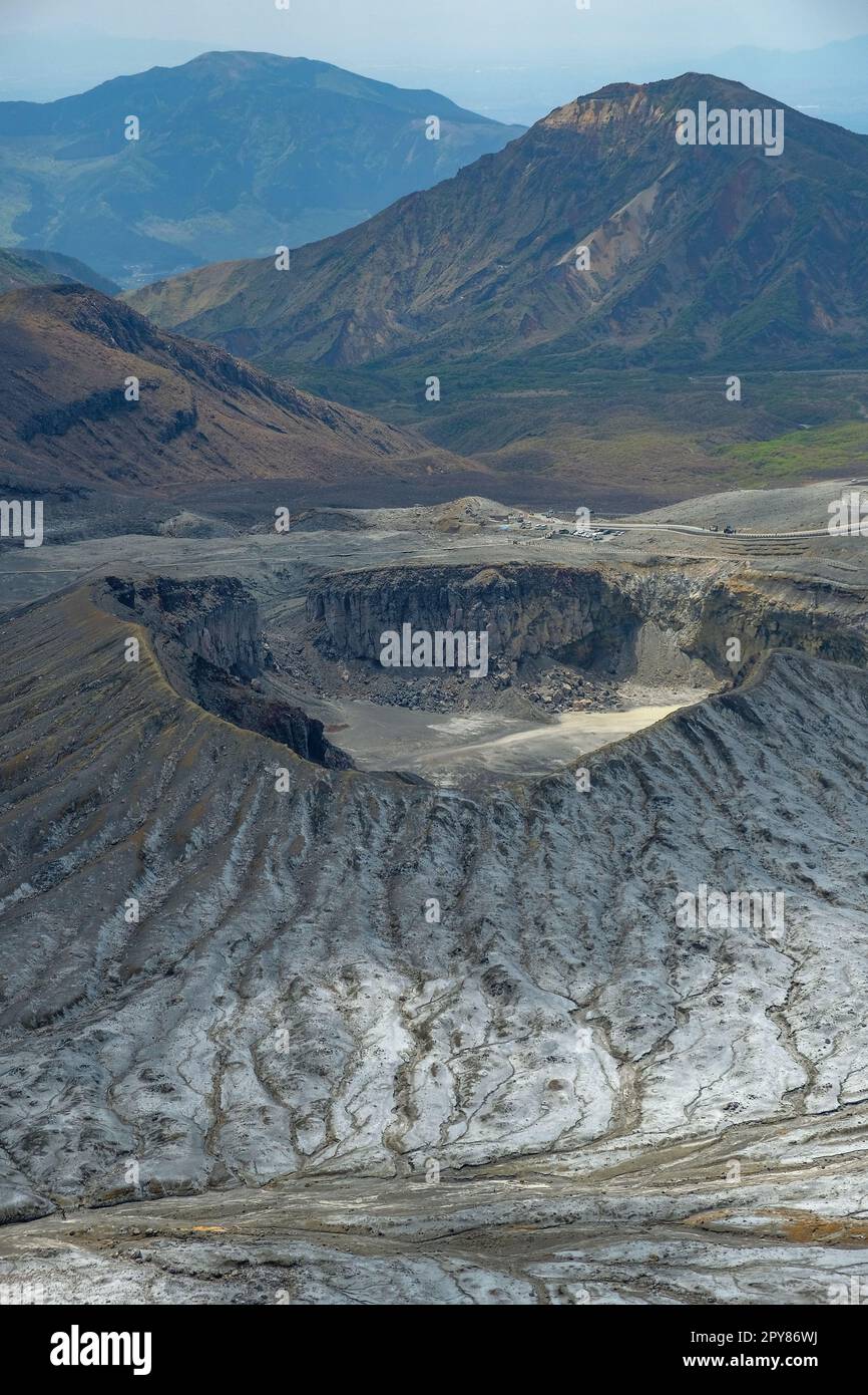 Aso, Japan - April 28, 2023: Mount Nakadake is one of the five peaks ...