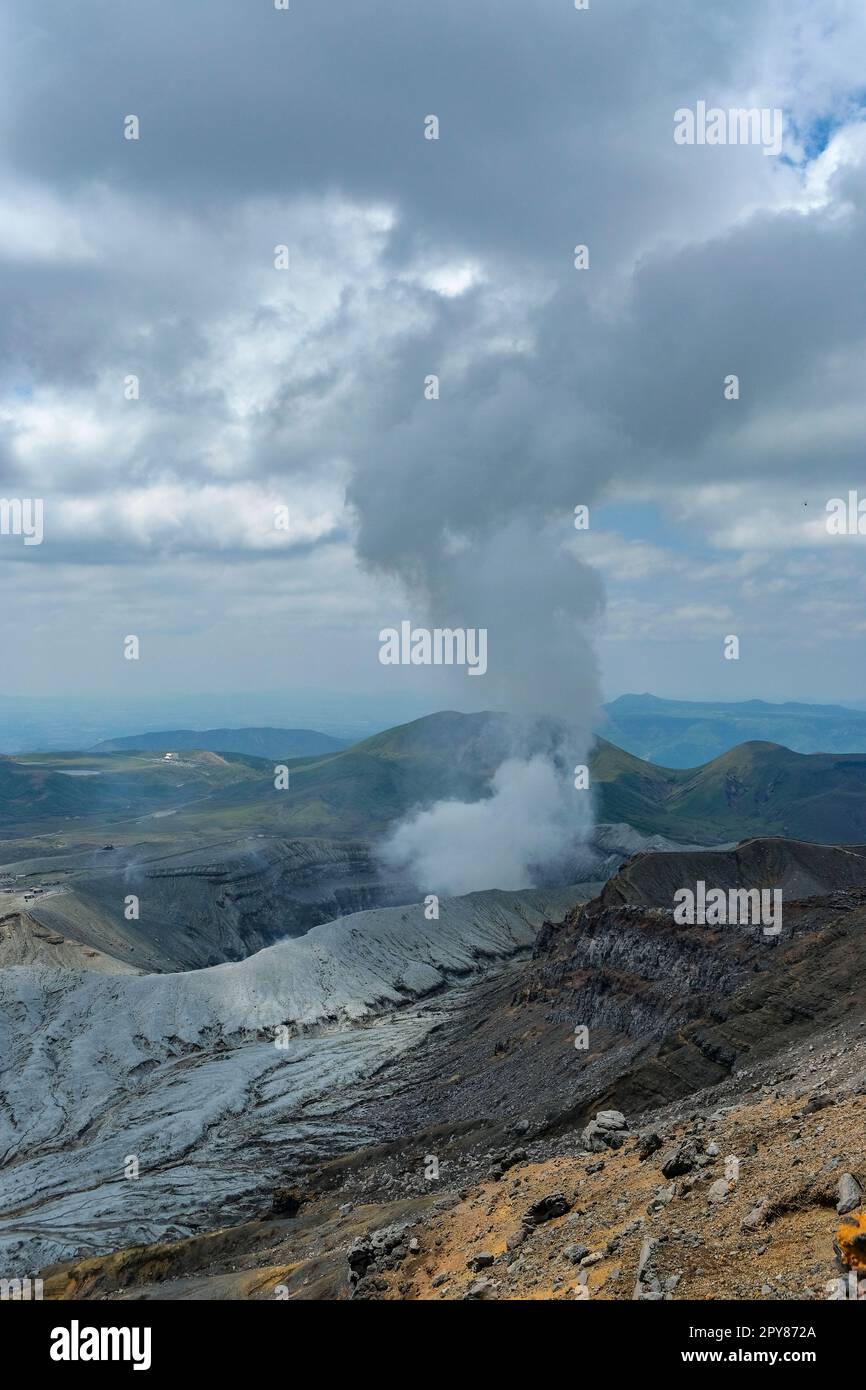 Aso, Japan - April 28, 2023: Mount Nakadake is one of the five peaks ...