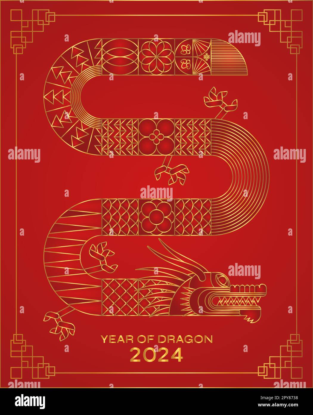 Luxury Red Gold abstract geometric chinese dragon. Modern shape design ...