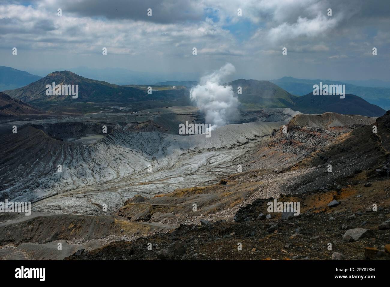 Aso, Japan - April 28, 2023: Mount Nakadake is one of the five peaks ...