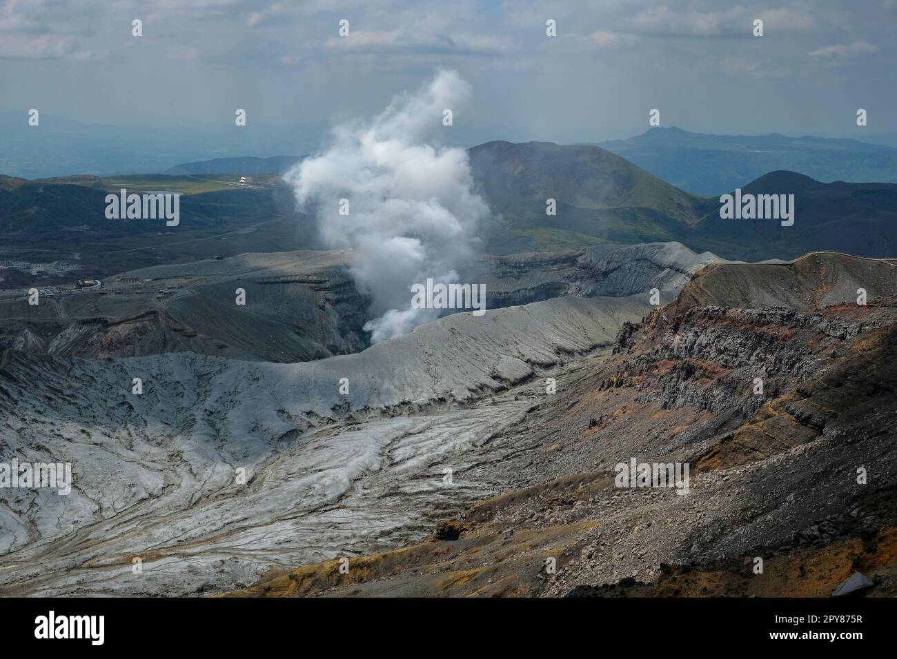 Aso, Japan - April 28, 2023: Mount Nakadake is one of the five peaks ...