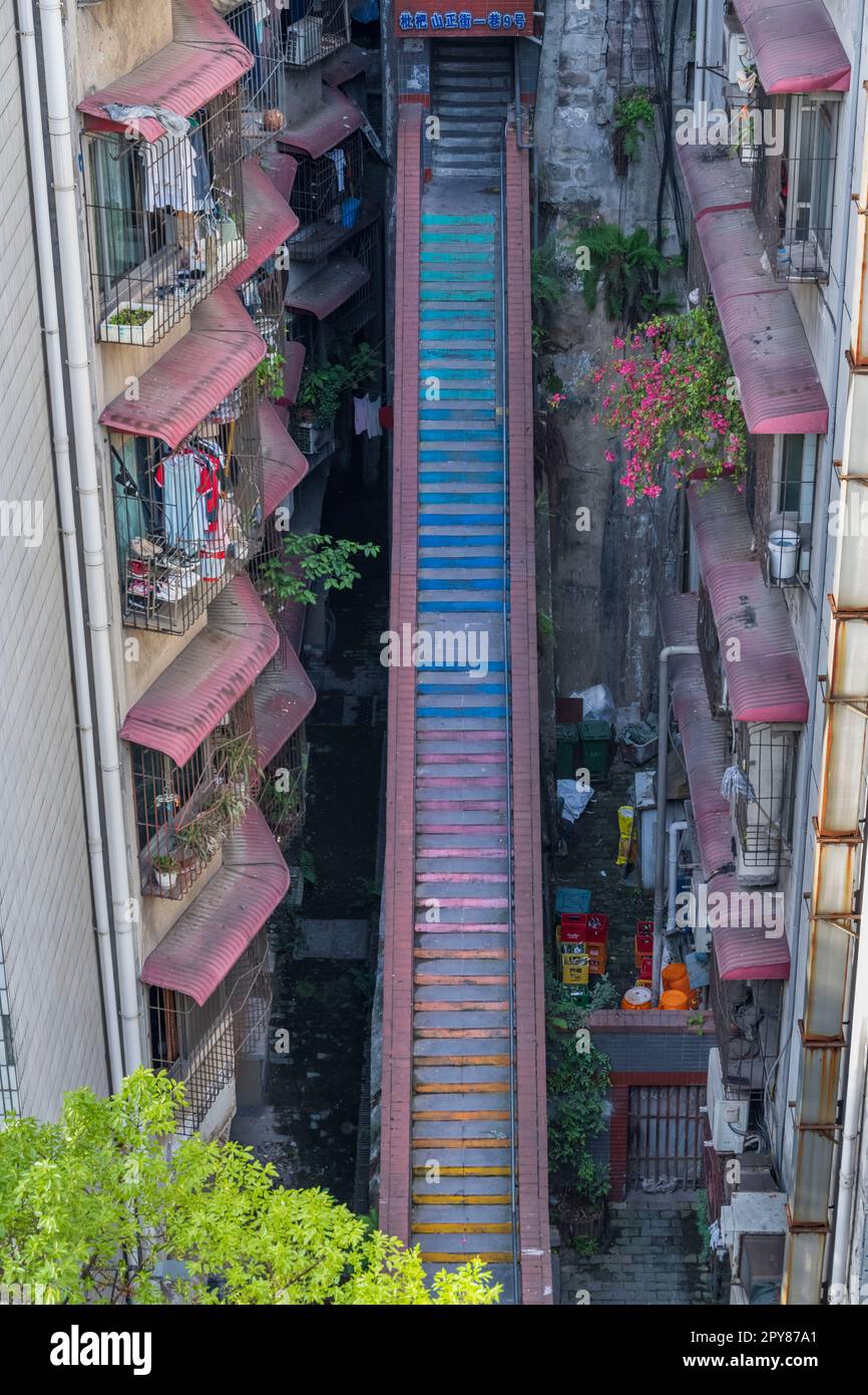 Chongqing, China. 01st May, 2023. CHONGQING, CHINA - MAY 1, 2023 - A narrow and steep rainbow ...