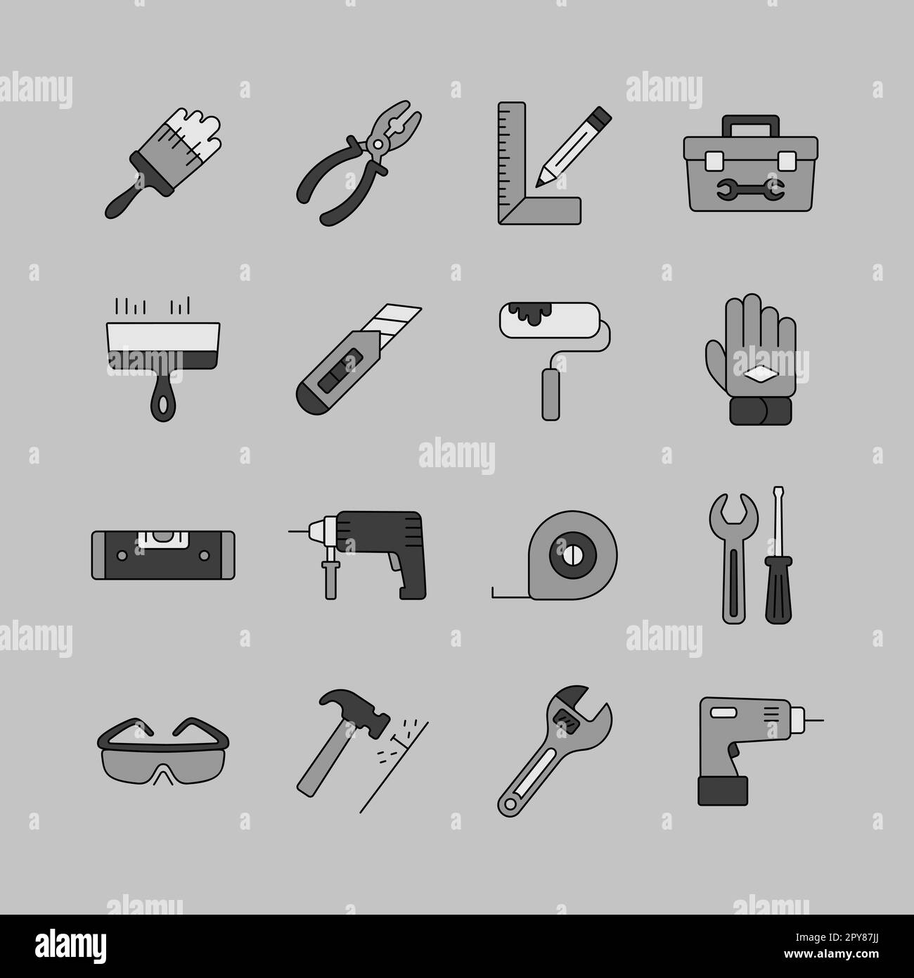 Building, construction and home repair tools grayscale icons. Graph ...