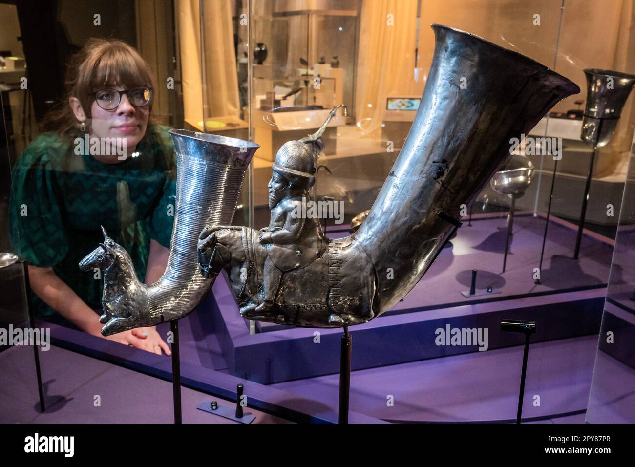 London, UK. 3rd May, 2023. A silver rhyton, the Archaeological Museum ...