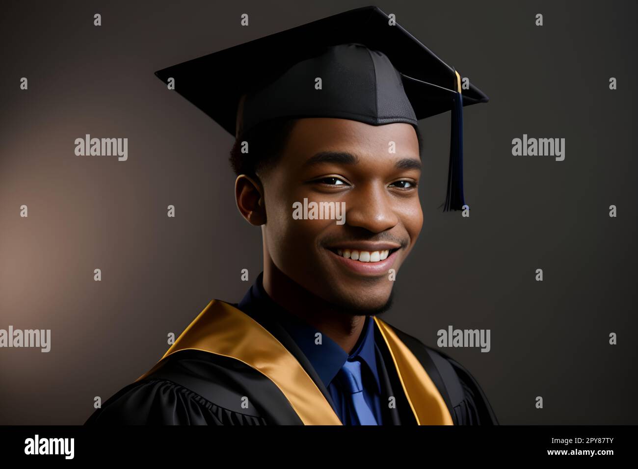 Portrait of young African American smiling male student in hat and gown ...