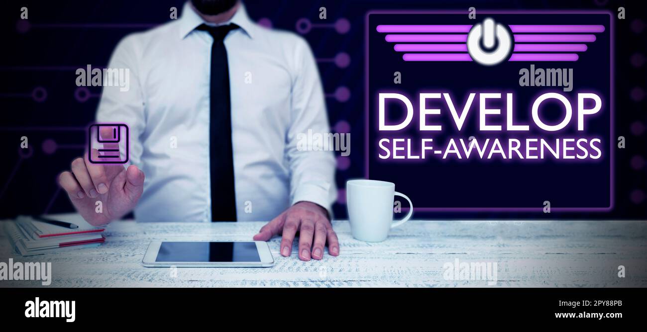 Text caption presenting Develop Self Awareness. Concept meaning Improve ...