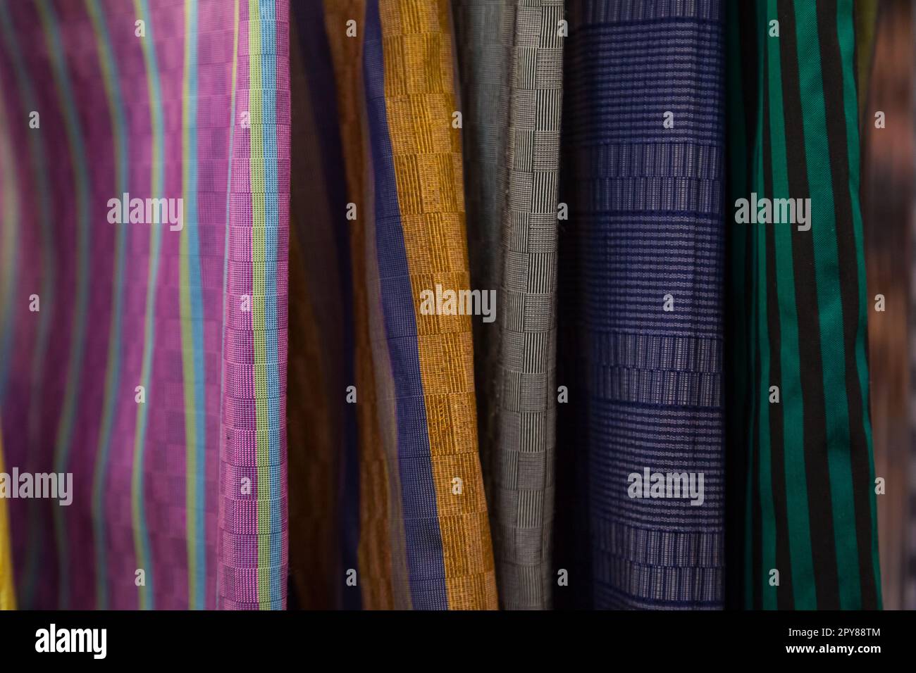 Raw of colorful Thai silk handcraft old vintage torn from natural ...