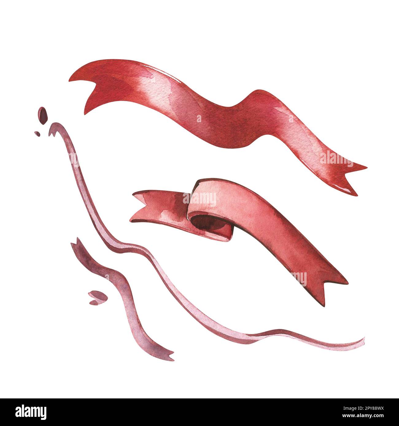 Red silk ribbon isolated on white background. Watercolor hand drawn ...