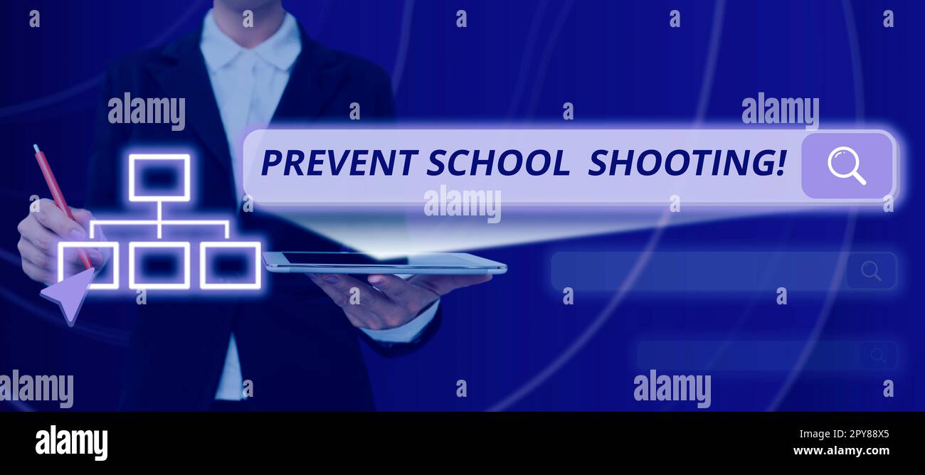 Text sign showing Prevent School Shooting. Business overview actions ...
