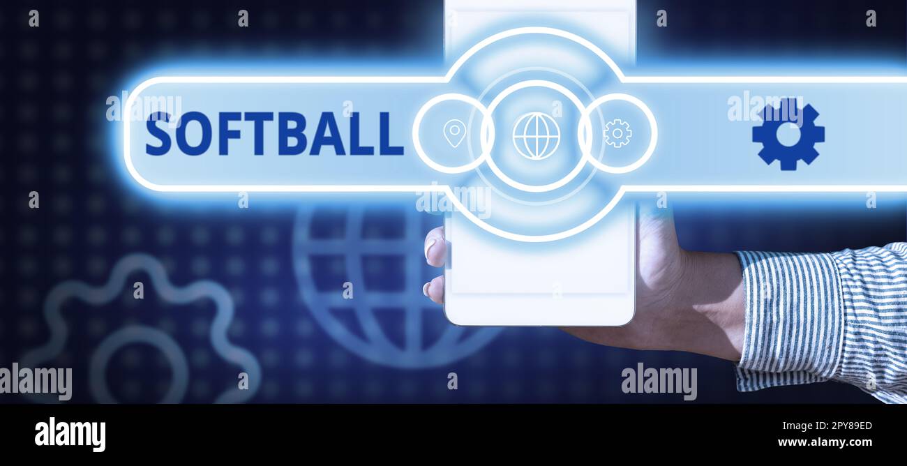 Hand writing sign Softball. Word for a sport similar to baseball played ...