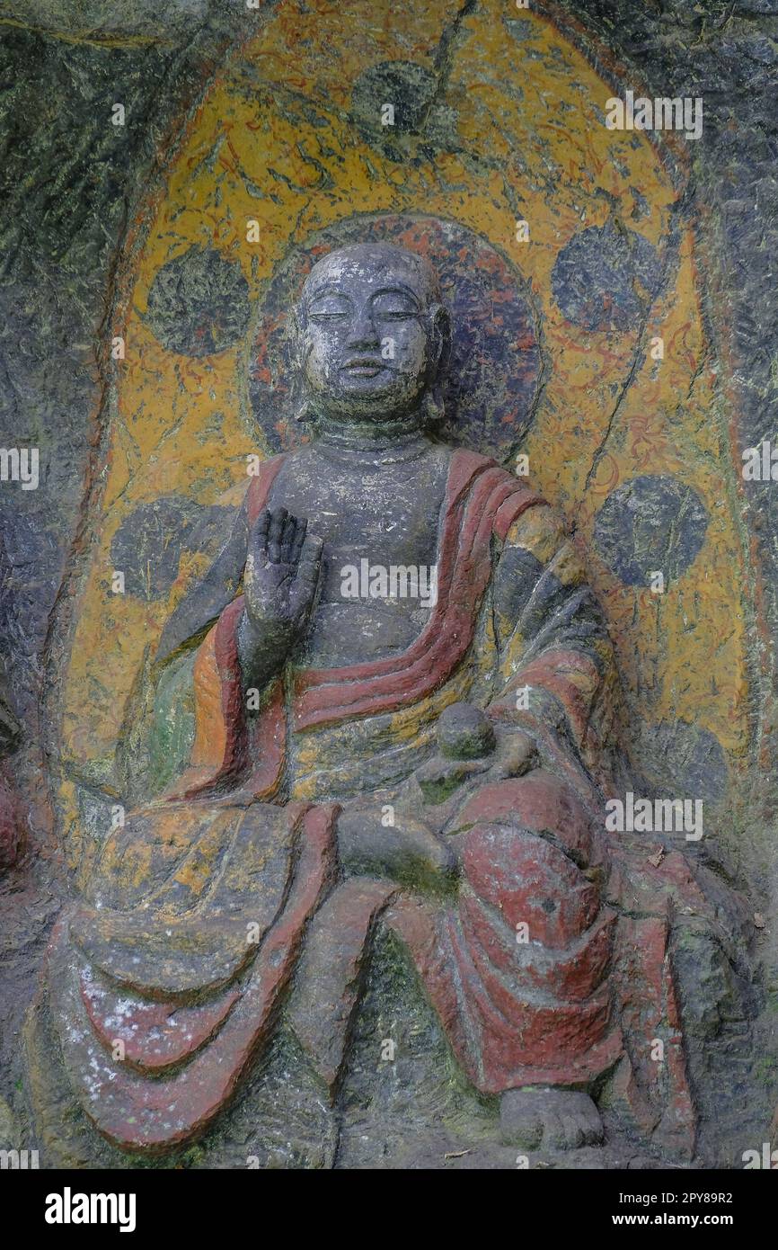Usuki, Japan - May 1, 2023: Detail of one of the Usuki Stone Buddhas ...